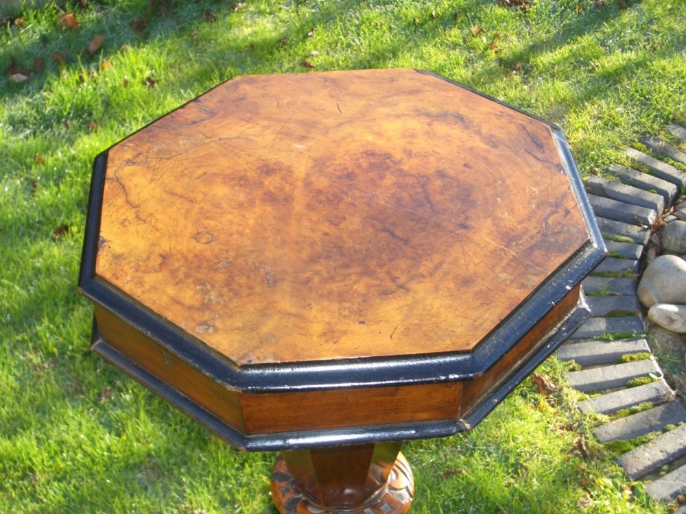 Antique Burr Walnut Trumpet Base Sewing Work Table